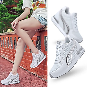 AONEGOLD Womens Hidden Wedges Shoes High Heeled Lightweight Mesh Sneakers Casual Walking Shoes Tennis Chic(Size 41, White)