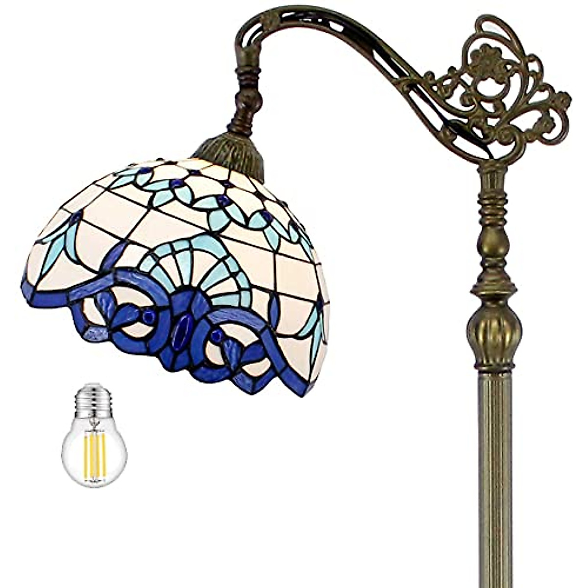 WERFACTORY Tiffany Floor Lamp Navy Blue White Stained Glass Arched Lamp 12X18X64 Inches Gooseneck Adjustable Corner Standing Reading Light Decor Bedroom Living Room S003B Series