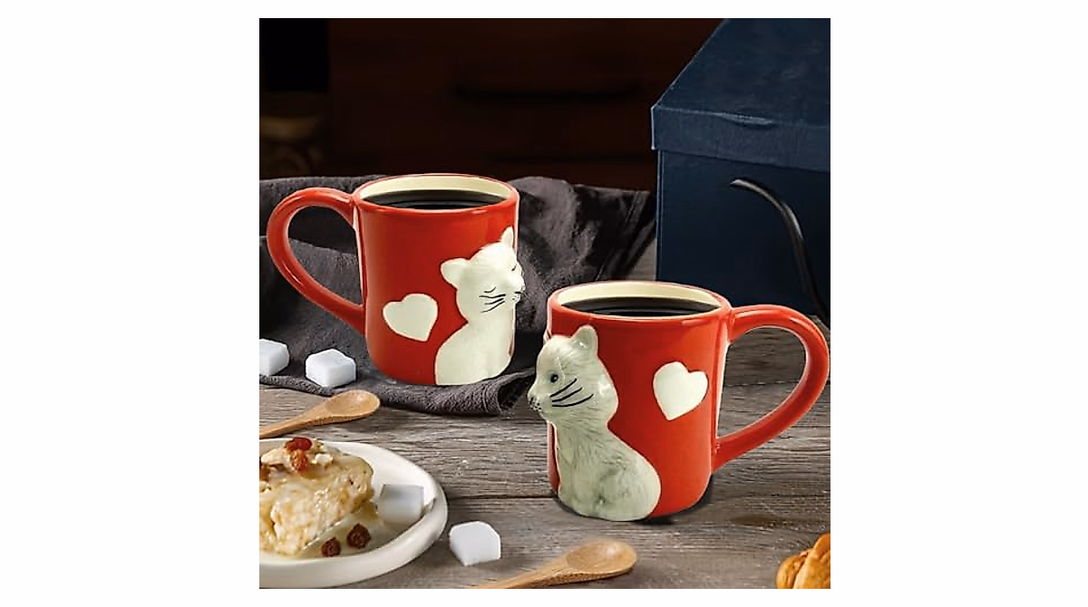 TDL Kissing Cat Mugs, Cute Matching Coffee Mugs, 3-Finger Loop Handles ...