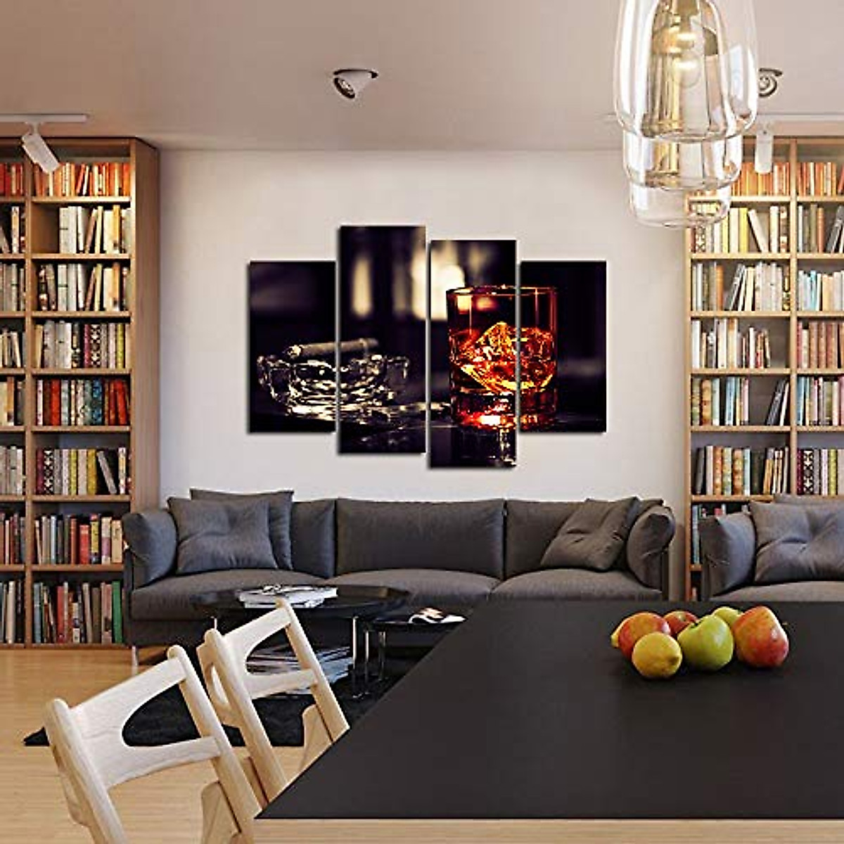 VVOVV Wall Decor - Brown Whisky In Cups With Ice Canvas Wall Art Print Wine Painting Framed Pictures Smoking Cigar Ashtray Poster Giclee Artwork Wall Decor Kitchen Bar