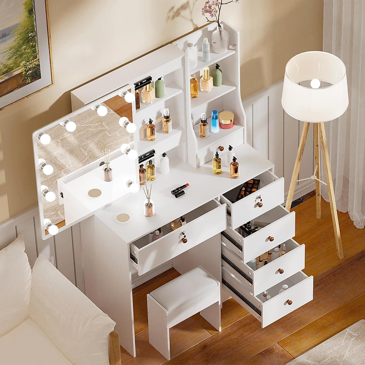 Buildonely Makeup Vanity Set with Mirror and Lights, Hollywood Vanity Desk with 4 Drawers and Display Shelves for Storing Items, Dressing Table with Soft Stool for Girls