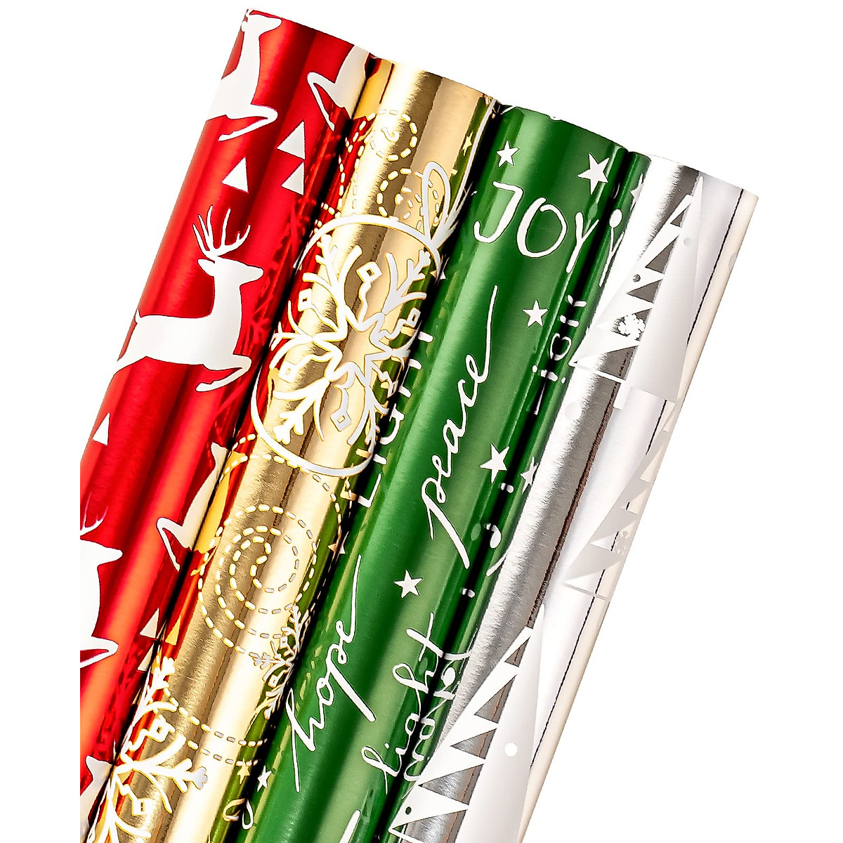 WRAPAHOLIC Christmas Wrapping Paper Roll - Red Green Gold and Silver Snowflakes Trees Holiday Collection with Metallic Foil Shine - 4 Rolls - 30 Inch x 120 Inch Per Roll