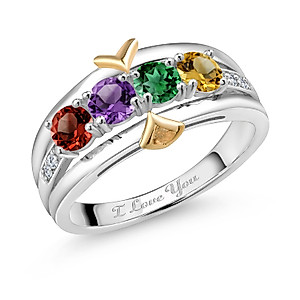 Gem Stone King 925 Sterling Silver and 10K Yellow Gold Engraving Customized and Personalized Build Your Own 4-Stone 4MM Round Birthstones and White G-H Lab Grown Diamond Band Ring For Women (Size 8)
