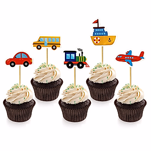 BIEUFBJI Transportation Cupcake Toppers 30 Pack Car Truck Train Airplane Ship Party Cake Toppers Picks for Kids Birthday Baby Shower Party Decorations Supplies