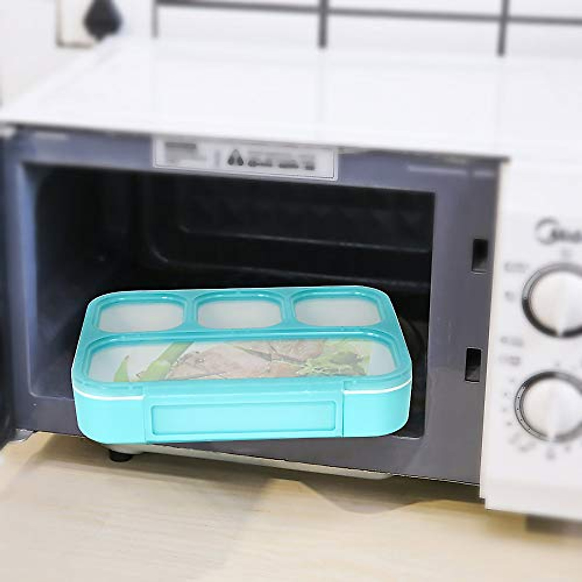 Dporticus 2 Pack Plastic Portable 4 Compartments Leak-proof Bento Lunch Box with Spoon for Adults BPA Free Microwave Safe,Blue