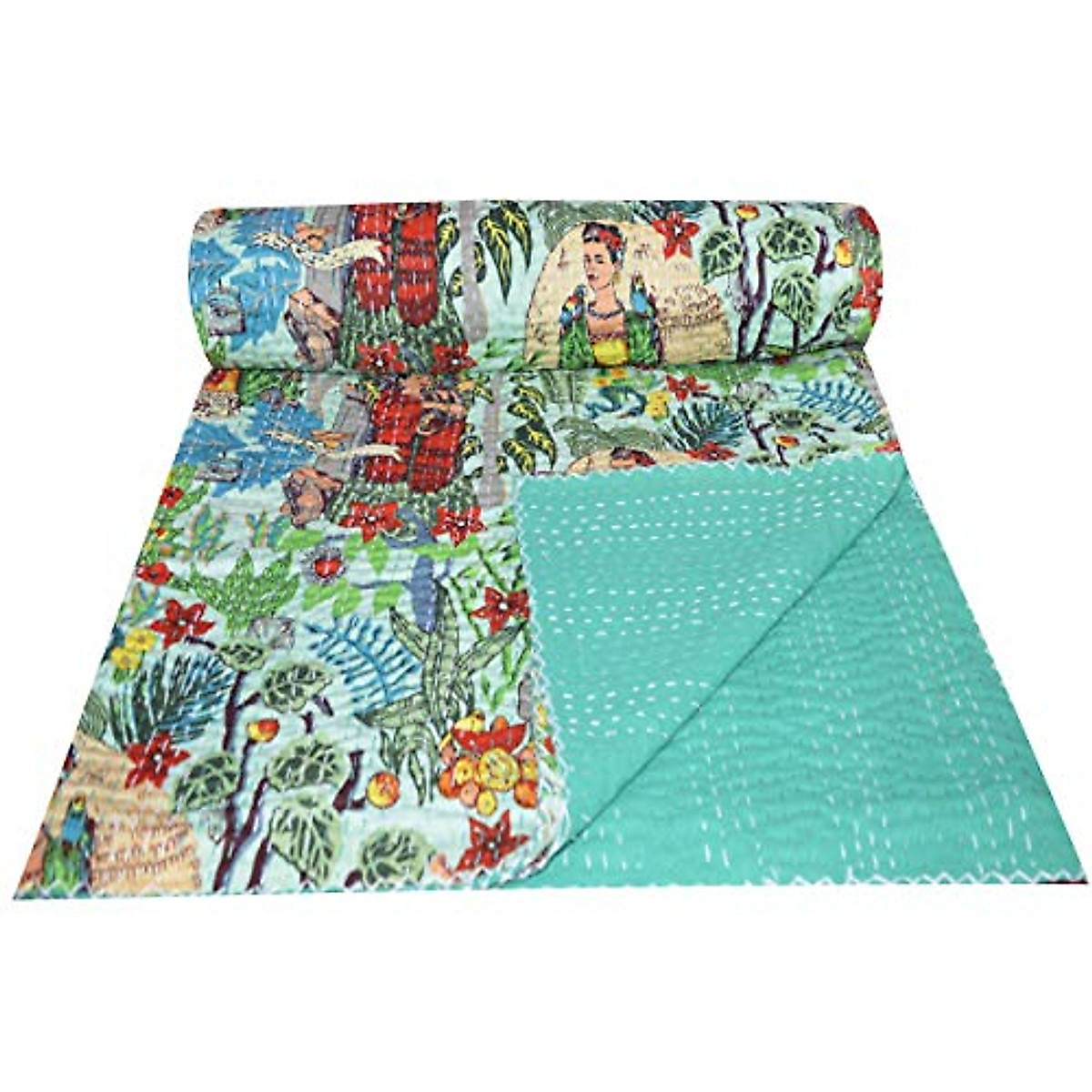 SHIRANYA Cotton Kantha Quilt Bedspread Twin Indian Handmade Blue Floral Frieda Kahlo Print Throw Blanket Reversible Traditional Patchwork Stitched Bedding Comforter (90x60 Inch/220x152Cm)