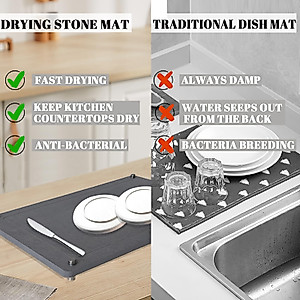Stone Drying Mat for Kitchen Counter, 15.7x11.8 inch Super Absorbent Non-Slip Diatomite Dish Drying Mat, Heat-Resistant Diatomaceous Earth Drying Stone Dish Drying Mat, Kitchen Draining Mat(Grey)