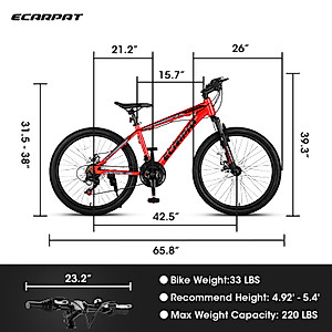 Ecarpat Mountain Bike 24 Inch Wheels, 21-Speed Trail Commuter City Mountain Bikes Aluminum Frame for Men Women Bicycles Disc Brakes Front Suspension
