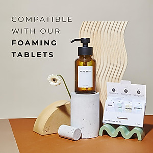 MaisoNovo 14 Oz Amber Glass Foaming Soap Dispenser 2 Pack w/Concrete Tray | Foaming Hand Soap Dispenser Bathroom Countertop, Foam Soap Dispenser Pump, Foaming Glass Soap Dispenser