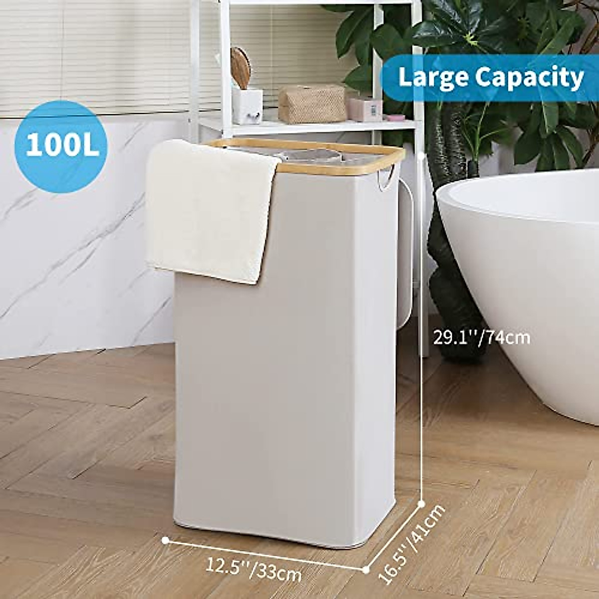 efluky Large Laundry Basket with Lid, 100L Tall Laundry Basket with Bamboo Handles for Clothes and Toys, Collapsible Laundry Hamper with Inner Bag for Bedroom and Bathroom, Light Grey