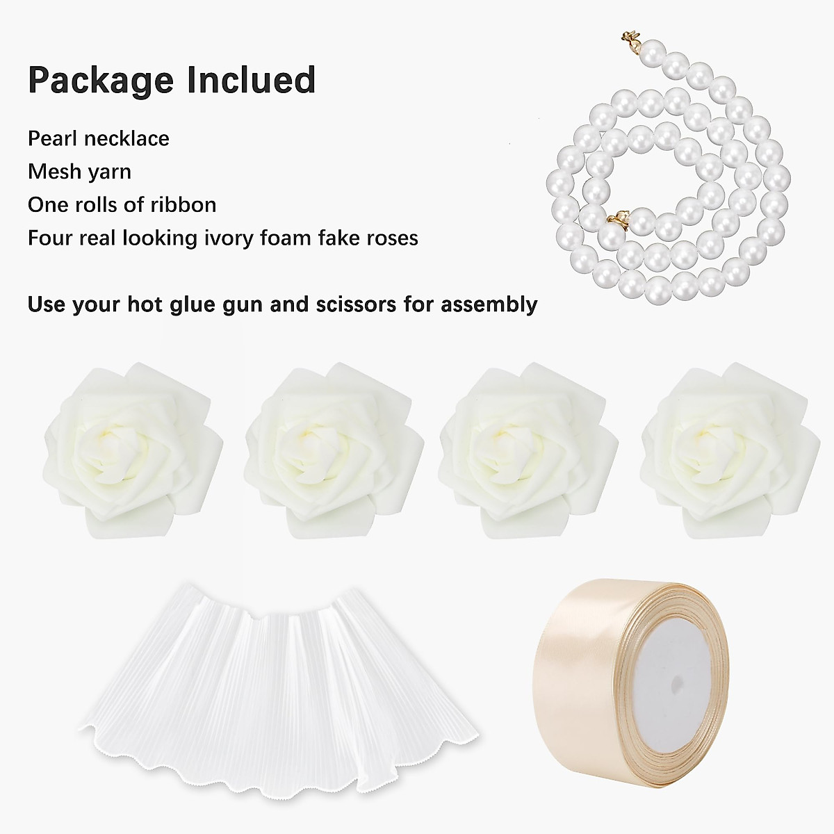Wedding Broom for Jumping Ceremony, Decorative Jump Broom DIY White Tulle Accents with Ribbons Artificial Pearl Roses