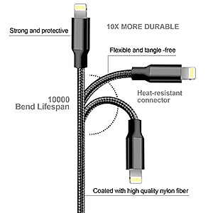 cugunu iPhone Charger, 5 Pack 3/3/6/6/10FT Apple MFi Certified USB Lightning Cable Nylon Braided Fast Charging Cord Compatible for iPhone 14/13/12/11/X/Max/8/7/6/5/SE/Plus/iPad - Black