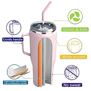 Zukro 50 oz Mug Tumbler With Handle And Straw, Vacuum Insulated Stainless Steel Large Travel Water Cup with Lid,Fit in Cup Holder,No Sweat,Keep Drinks Cold Up To 30 Hours, Dishwasher Safe,Pink