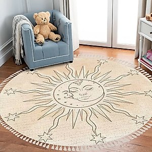 Round Rugs Sun Moon Retro Engraving Style Vintage Decorative Art Hand Boho Area Rug Linen and Cotton Carpet Meditation Rug Washable Hallway Runner Mat Accent Rug for Bedroom Bathroom 3ft