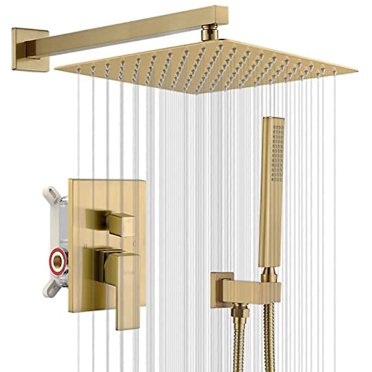 Iriber Champagne Bronze Rain Shower System with 12 Inch Shower Head and Handheld Bathroom Wall Mounted Brushed Golden Shower Set Contain Shower Faucet Mixer and Brush Gold Trim Kit (Valve Included)