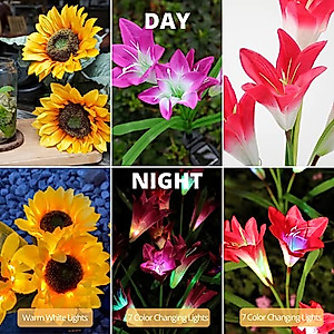 JHBOX Solar Flower Lights 4 Pack Combo - 2 Sunflower Lights and 2 Lily Flowers Garden Light, Solar Christmas Lights Garden Stakes for Winter Outdoor Decor, Holiday Lighting for Patio, Pathway, Yard