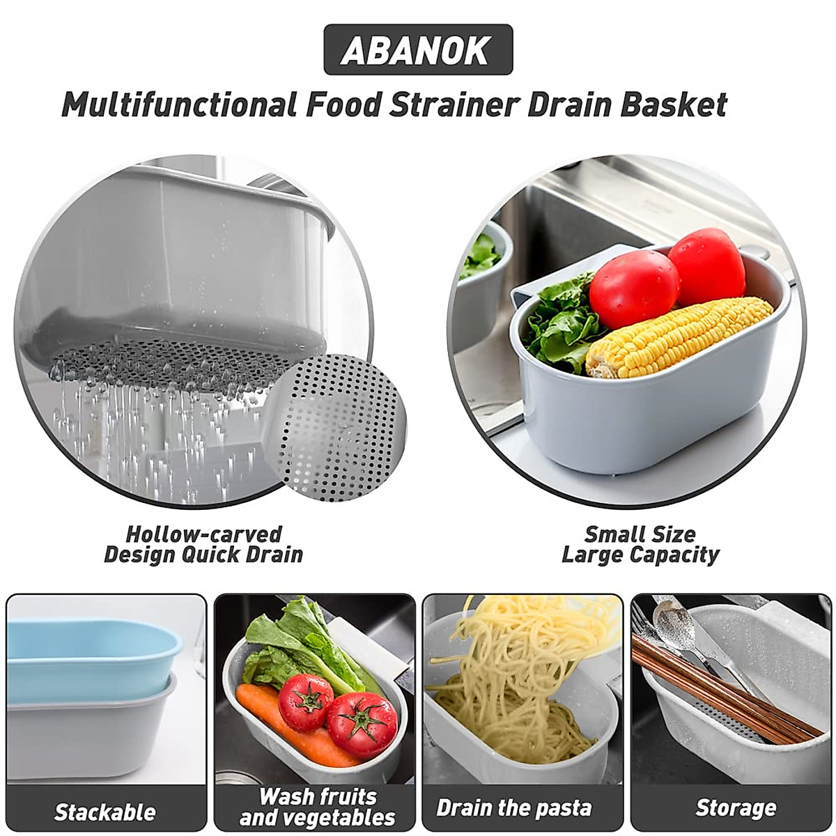Sink Drain Strainer Basket, Abnaok Multifunction Sink Strainer Kitchen Food Catcher for Filter Kitchen Waste and Wash Vegetables Fruits (Grey)