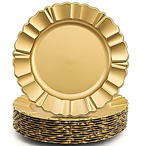 Cedilis 12 Pack Gold Plastic Charger Plates, 13 Inch Round Charger for Dinner Plate, Fluted Edge Charger Plates for Wedding Party Decoration