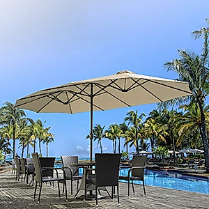 AECOJOY 15x9ft Double-Sided Patio Umbrella Outdoor Market Umbrella Large Sunbrella Table Umbrellas with Crank Air Vents for Deck Pool Patio (1.9" Pole,Beige)