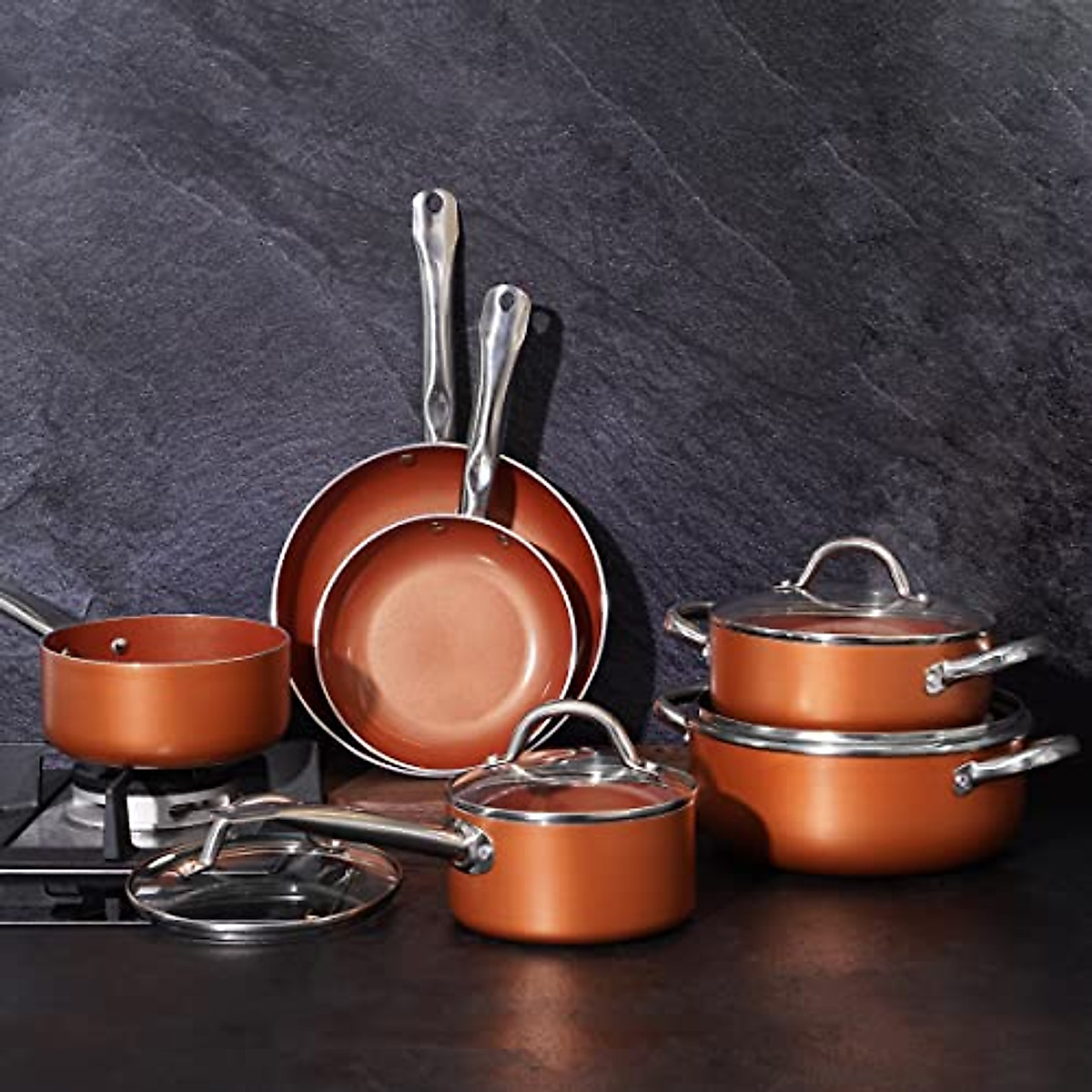 Copper Pots and Pans Set Nonstick 10-Piece Ceramic Cookware Set, Stainless Steel Handles, Dishwasher & Oven Safe, PFOA/PFAS-Free, Orange