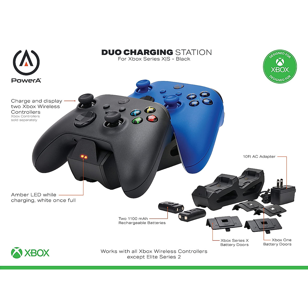 PowerA Duo Charging Station for Xbox Series X|S - Black, Wireless Controller Charging, Charge, Rechargeable Battery, Xbox Series X|S, Xbox One
