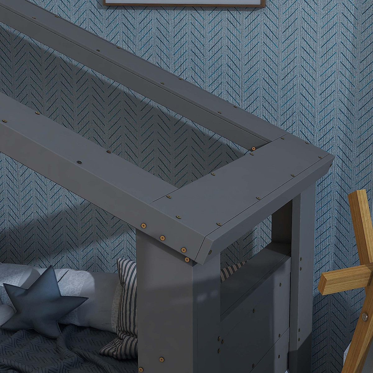 DUNTRKDU Twin Size Wood House Floor Bed Frame with LED Light, Modern Multifunction House Floor Bed with Roof Window and Wood Slats Support for Bedroom Girls Boys, Easy Assemble (Gray)