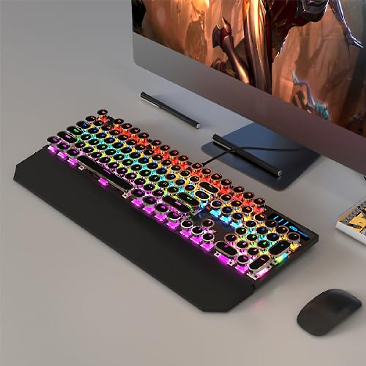 MageGee Typewriter Mechanical Gaming Keyboard, Retro Punk Round Keycaps with RGB Rainbow Backlit USB Wired Keyboards for Game and Office, for Windows Laptop PC Mac - Blue Switches/Black