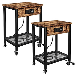 TC-HOMENY End Table Set of 2 with Charging Station & USB Ports, Side Table with Wheels & Storage Shelf Nightstand for Living Room Bedroom
