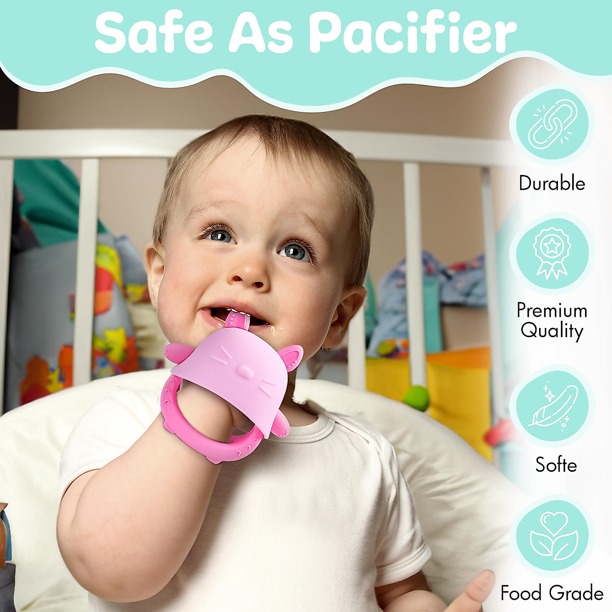 Gradient Mode Baby Teething Toy for 0-6 Months Infant Cat Buddy Never Drop, Infant Chews Toy Food Grade Soothing Relief Hand Teether Pacifiers for Breastfeeding Babies 3 Months + (Pink)