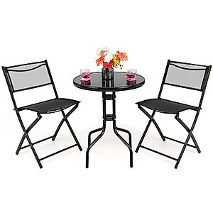 Tangkula 3 Pieces Folding Patio Bistro Set, Outdoor Folding Chairs & Table Set with Tempered Glass Tabletop, Round Table & Foldable Chairs, Outdoor Furniture Set for Garden, Poolside & Backyard