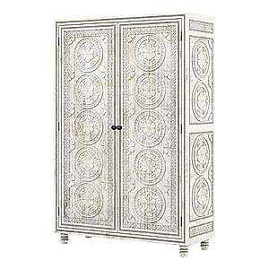 Khalifa Hand Carved Wardrobe Armoire - Weathered White Finish Mango Wood