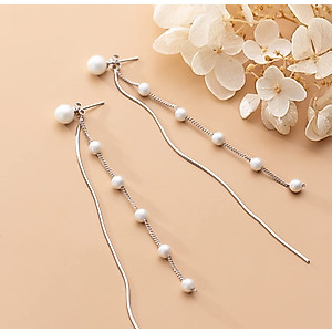 SLUYNZ 925 Sterling Silver Simulated Shell Pearl Dangle Earrings Chain for Women Elegant Long Dangle Earrings Tassel Wedding Dangle Earrings (A-Silver)