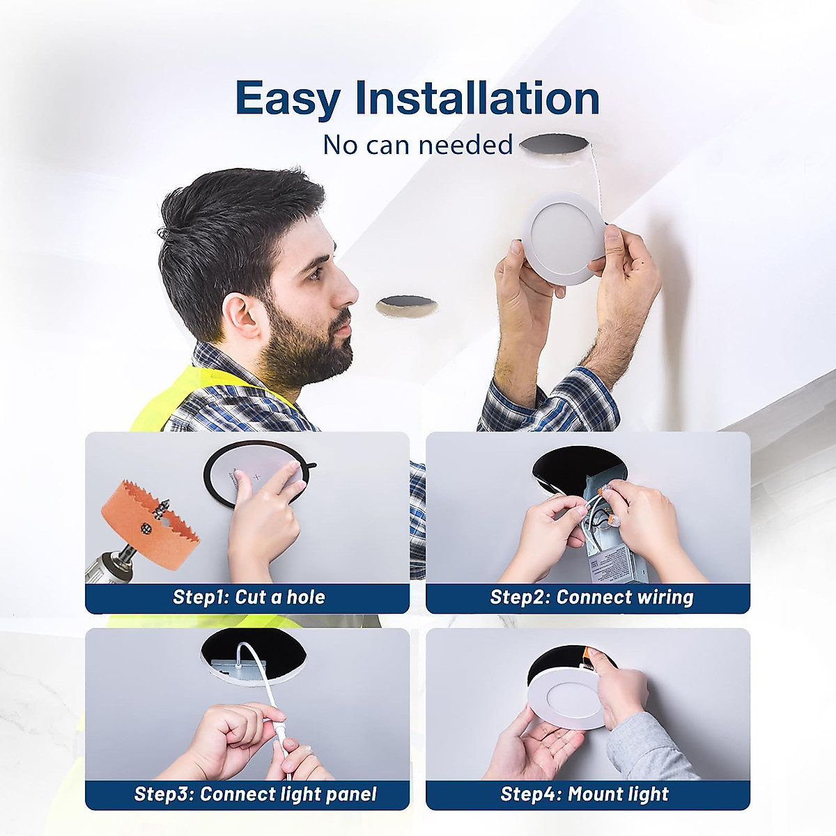 Amico 6 Pack 4 Inch 5CCT Ultra-Thin LED Recessed Ceiling Light with Junction Box, 2700K/3000K/3500K/4000K/5000K Selectable, 11W Eqv 70W 800LM Brightness Dimmable Canless Wafer Downlight, ETL & FCC