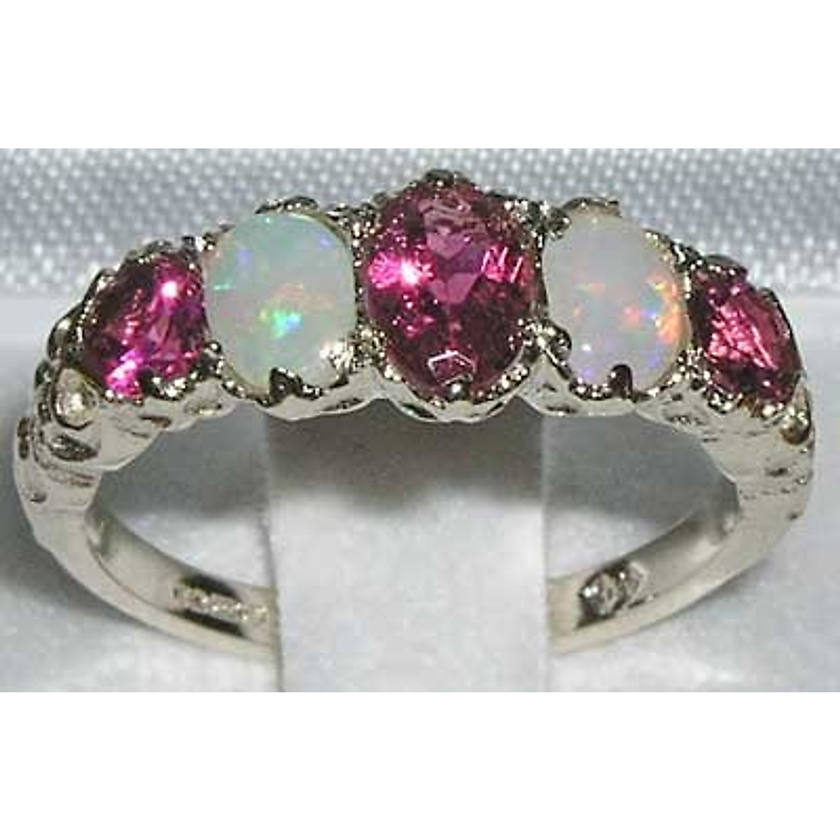 LetsBuyGold 14k White Gold Natural Pink Tourmaline and Opal Womens Band Ring - Size 4.75