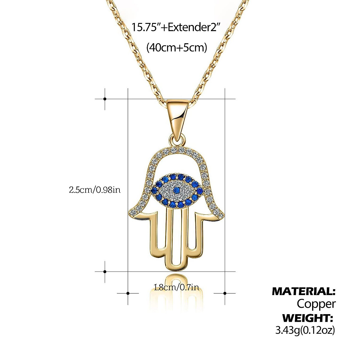 SLOONG Evil Eye Hamsa Hand Necklace 14k Gold Plated Third Eye White Blue Cz Womens Pendant Necklace