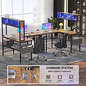 Aheaplus L Shaped Gaming Desk with LED Lights & Power Outlets, 55 Inch L-Shaped Computer Desk with Storage Shelf & Monitor Stand, Corner Desks 2 Person Reversible Desk Home Office Desk, Rustic Brown