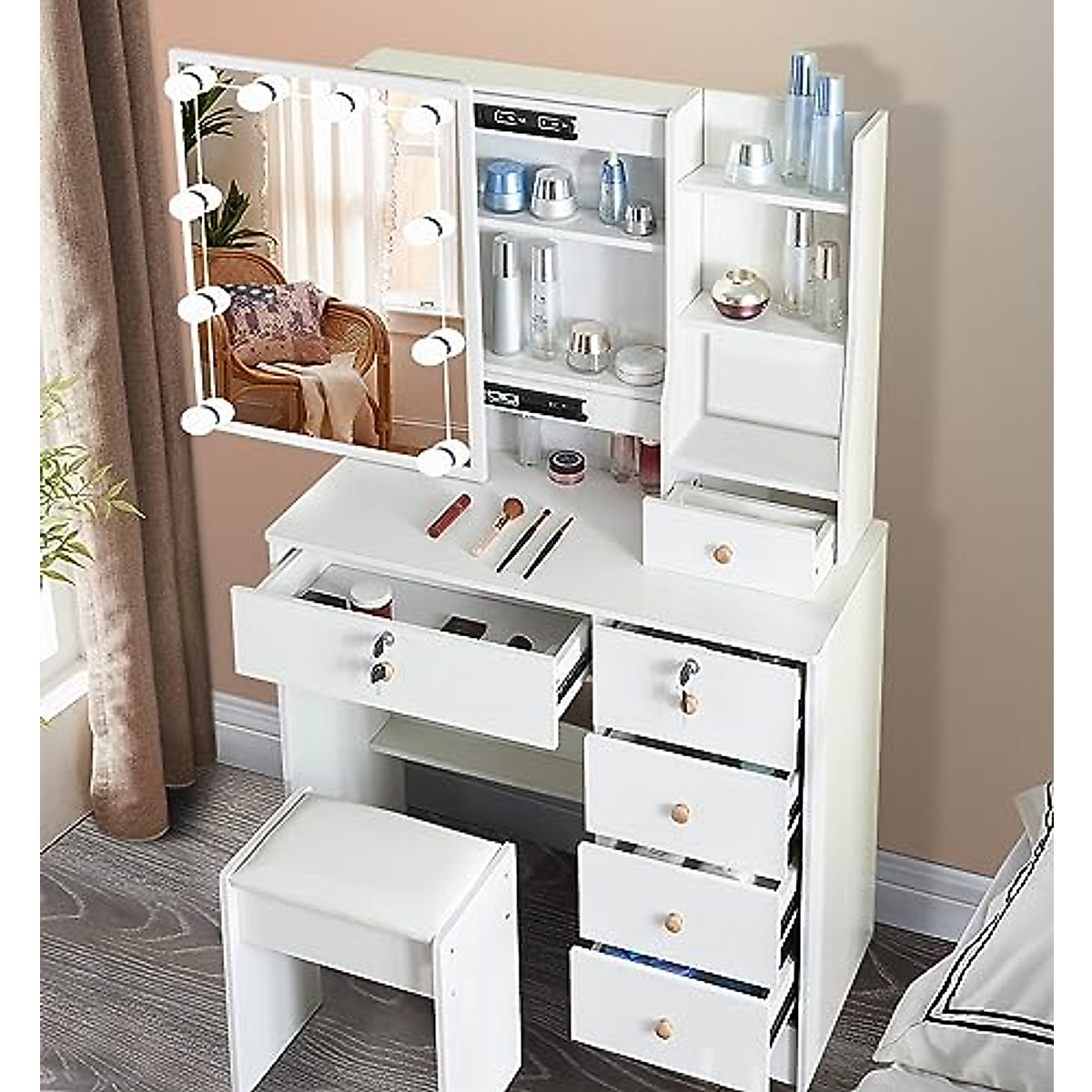 Makeup Vanity Set with Mirror & Lights, 5 Storage Drawer & Stool, 3 Lighting Modes Adjustable Brightness, Bedroom Dressing Table for Women Girls, White (Modern Vanity W-4)