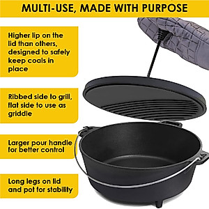 NATIVO 6QT Pre-Seasoned Outdoor Cast Iron Dutch Oven Pot with Multipurpose Lid, Dutch Oven for Camping and Outdoor Cooking using Fire and Coals, With Legs and Reversible Lid Grill