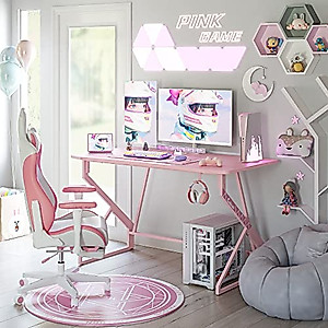 CubiCubi Simple Gaming Desk Z Shaped 40 inch Gamer Workstation, Home Computer Carbon Fiber Surface Gaming Desk PC Table with Headphone Hook, Pink