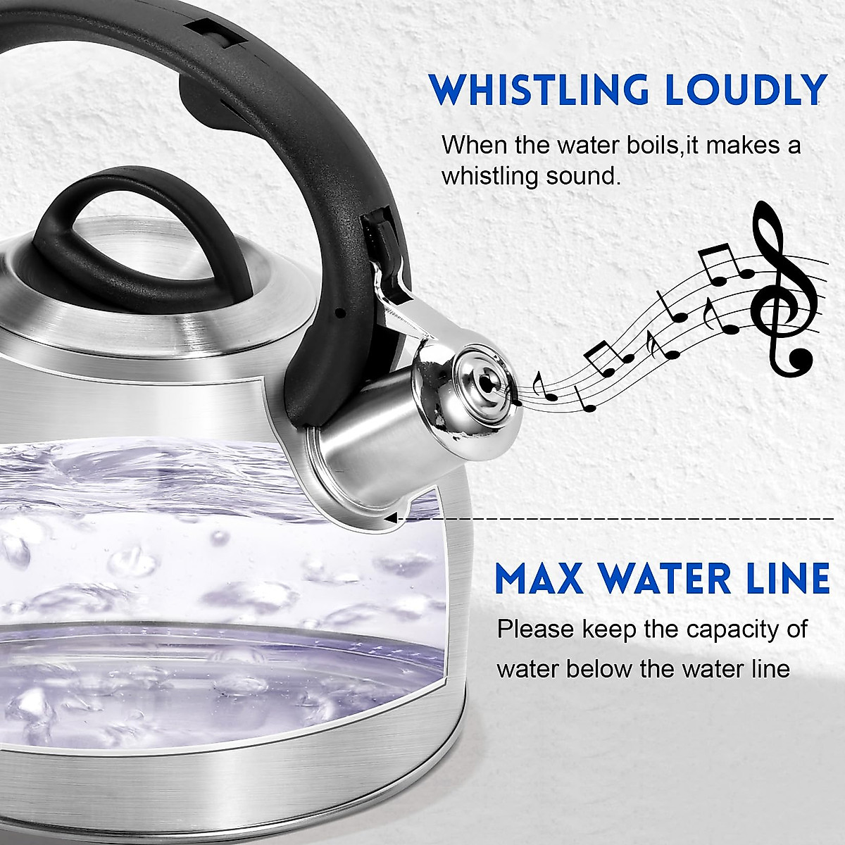 Jeasom Tea Kettle Stovetop - Food Grade Stainless Steel Whistling Tea Pot with Ergonomic Handle, Unique Button Control Kettle Outlet, Can Be Used in the Kitchen or Camping, 3.1 Q/3L