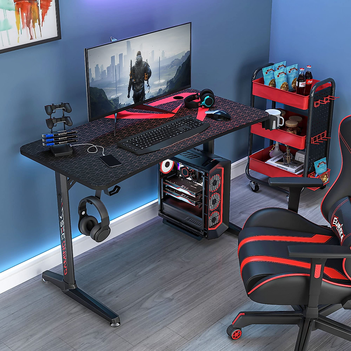 It's_Organized 47 inch Gaming Desk Racing Style Computer Desk with Free Mouse pad, T-Shaped Professional Gamer Game Station with USB Gaming Handle Rack, Cup Holder & Headphone Hook,Black