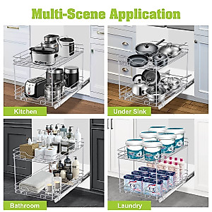 BONADOM 2 Tier Pull Out Cabinet Organizer(21''Dx14''W) Heavy Duty Slide Out Drawers for Kitchen Cabinets Storage Kitchen Roll Out Shelf Storage for Pots, Pans Cabinet Drawers Slide Out