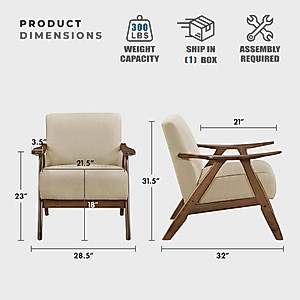 Lexicon Mid Century Modern Accent Chair with Solid Wood Frame in Walnut Finish, Upholstered Living Room Lounge Arm Chair, Thick and Comfy Innerspring Seat Cushion, Linen-Look Fabric, Light Brown