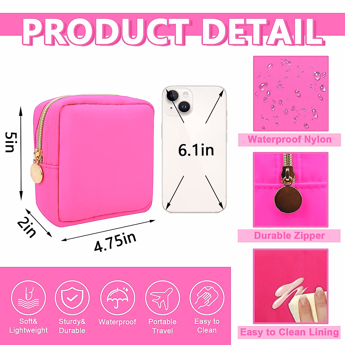 UIXIZQ Waterproof Mini Makeup Bag Pouch for Purse,Small Cosmetic Travel Bag Pouch Nylon Toiletry Organizers Bag for Women Girls,Cute Mini Zipper Pouch Preppy Coin Purse for Work(Mini-Hot Pink)