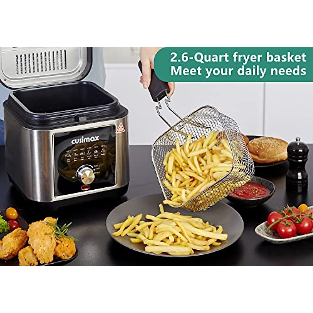 CUSIMAX Deep Fryer with Basket 2.6Qt 1200-Watt Electric Deep Fryer For the Home, with Drip Hook, Removable Lid, View Window and Oil Filtration Deep Fat Fryer