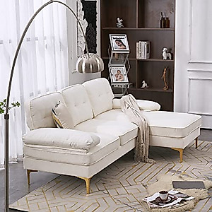 POULEII Sectional Sofa,Modern L-Shape Modular Sectional Sofa Sleeper Couch with Chenille Fabric and Gold-Plated Feet for Living Room, Apartment, Office,Creamy-White