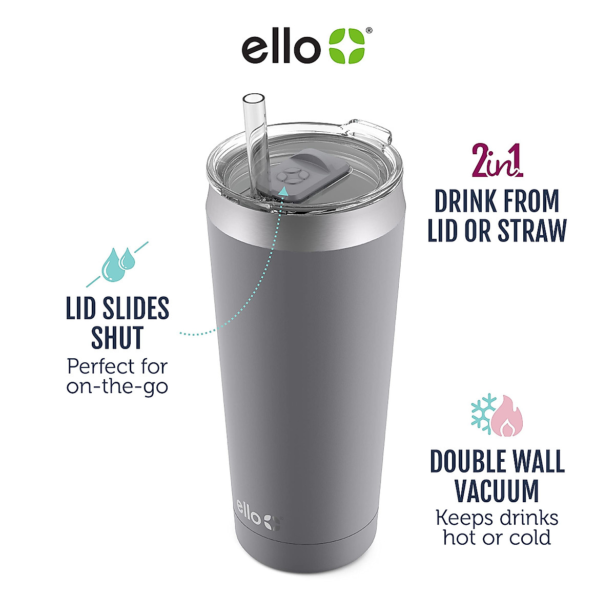 Ello Beacon Vacuum Insulated Stainless Steel Tumbler with Optional Straw, 24 oz, Cashmere Pink