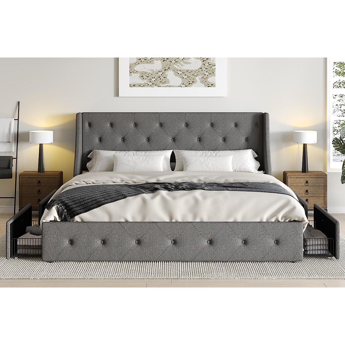 SHA CERLIN King Size Platform Bed Frame with 4 Storage Drawers and Wingback Headboard, Diamond Stitched Button Tufted Design, No Box Spring Needed, Light Grey
