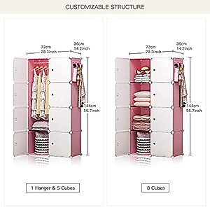 YOZO Cube Storage Organzier Portable Closet Wardrobe Bedroom Dresser (28x14x56 inches) Portable Closet Cube Shelf Armoire Pantry Cabinet, 8 Cubes, Pink