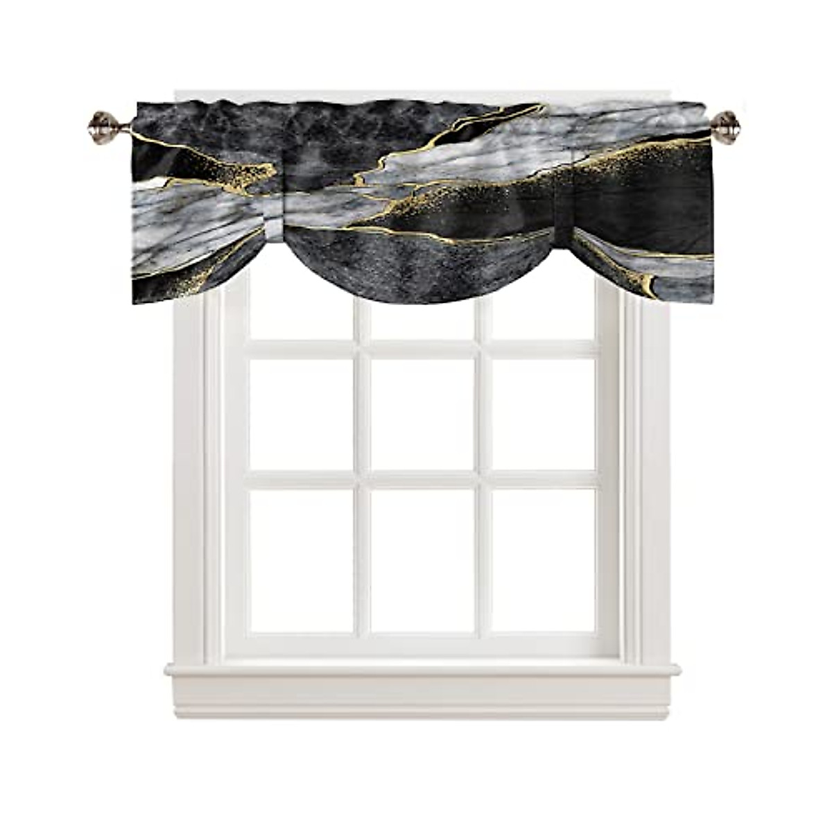 Tie Up Kitchen Curtain Valance Black White Marble with Gold Stripe Adjustable Window Shade Valances Rod Pocket Small Windows Treatment Panel for Bathroom Bedroom,42"x12",Abstract Stone Agate Texture